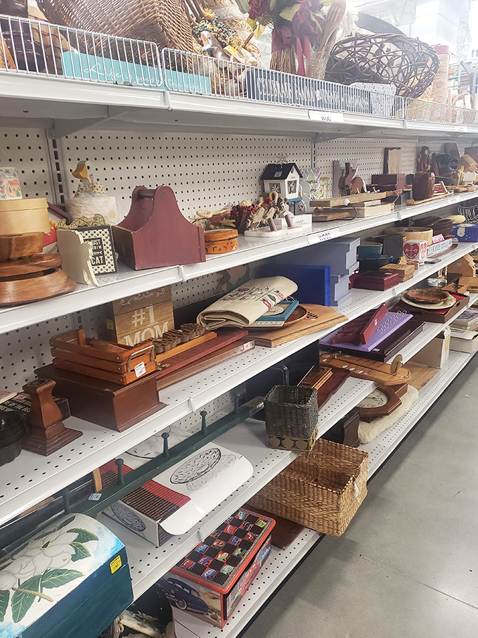 Wooden treasures and wicker wonders line these shelves. One person's decluttering mission becomes another's decorating inspiration.