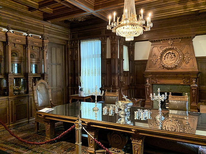 In this dining room, crystal chandeliers have illuminated countless conversations, while the table stands ready for a feast that would impress even the most discerning Swedish grandmother.