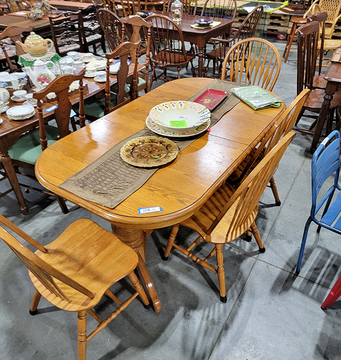 This oak dining set brings traditional craftsmanship and family gathering potential without the furniture store sticker shock that induces heartburn.