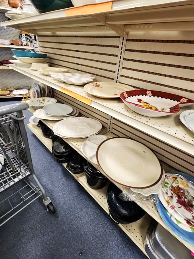 Dinner plates with stories to tell, arranged like a timeline of American dining trends. That burgundy-rimmed platter is begging to hold your Thanksgiving turkey.