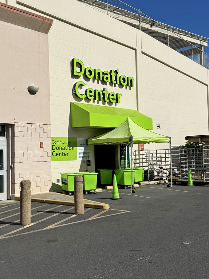 The bright green Donation Center&mdash;where yesterday's impulse buys become tomorrow's sustainable shopping victories.