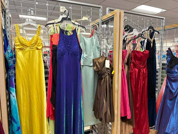 Formal gowns in every hue hang like colorful promises, ready to transform special occasions without emptying wallets.