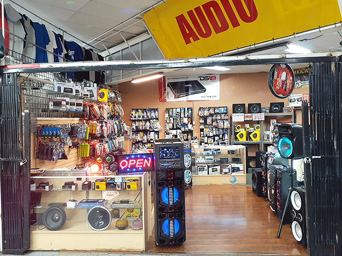 Audio heaven for the technically inclined. This booth has enough speakers and gadgets to make any self-respecting audiophile forget they came for socks.