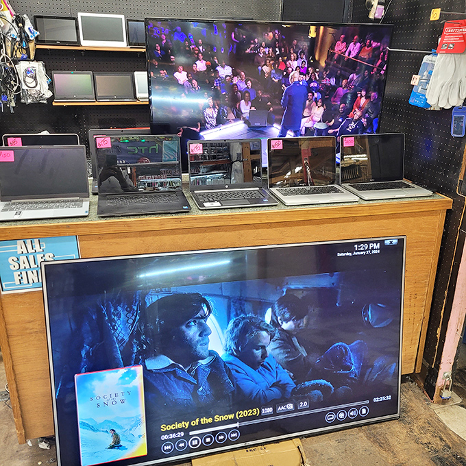 From vintage TVs to modern laptops, the electronics section bridges decades of technology under one roof.