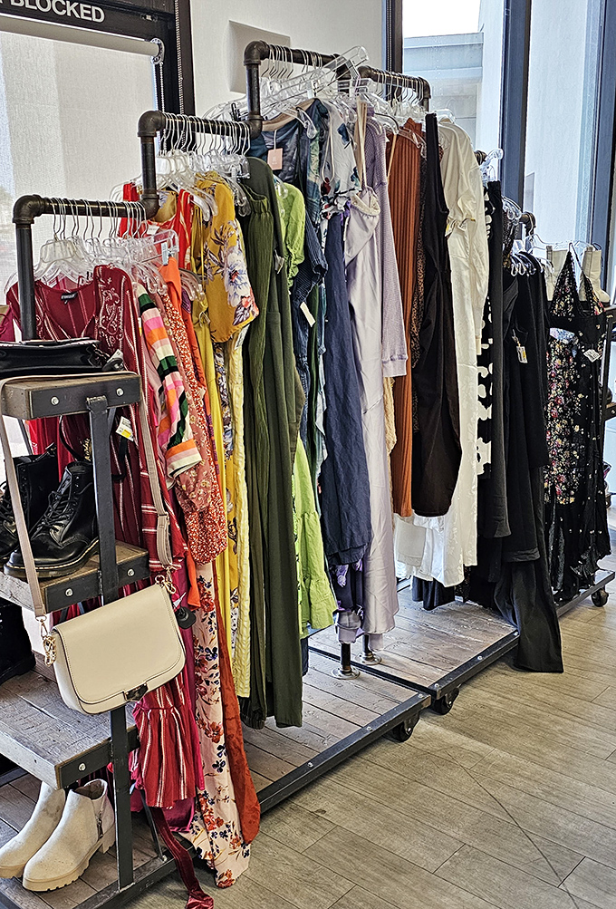 Color-coded fashion joy! These dresses are arranged like a desert sunset palette, proving style doesn't need a Vegas-sized budget to make a statement.