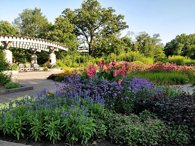 The perennial garden explodes with color beneath a pergola, nature's way of saying "Who needs Netflix when you've got this kind of drama?"
