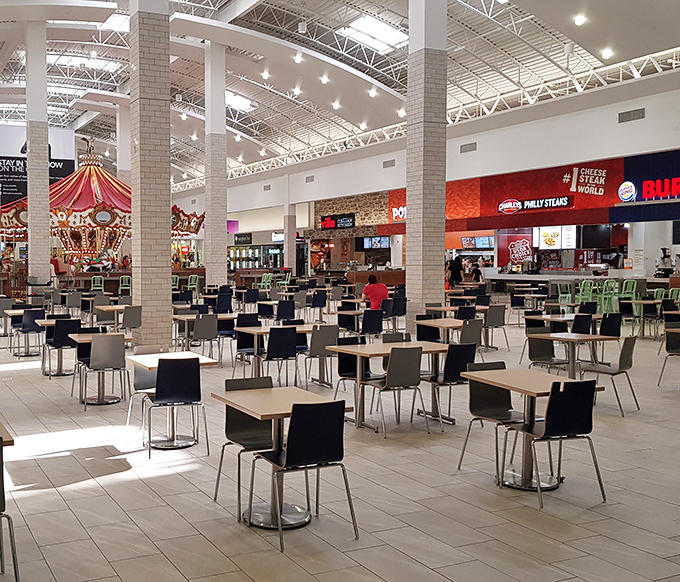 Food court carousel adds whimsy while you refuel between rounds of serious discount hunting.