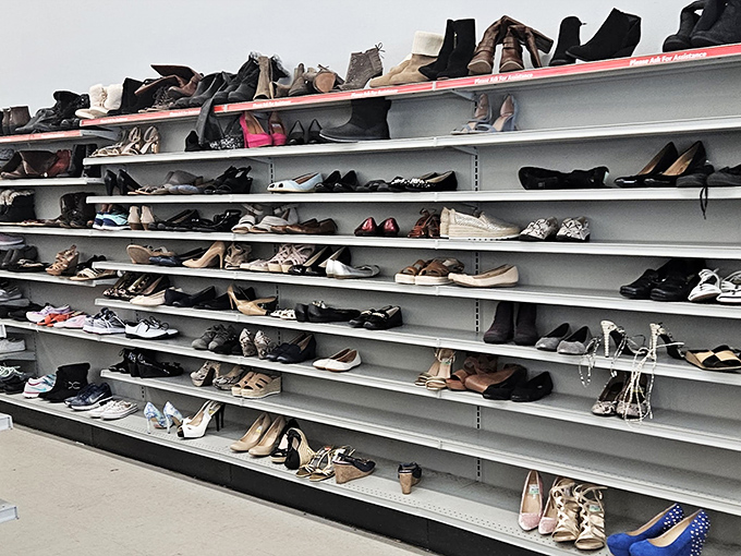 The shoe section: where Cinderella's lost pumps await their rightful owner. From sensible flats to stilettos that tell stories of one-time special occasions.