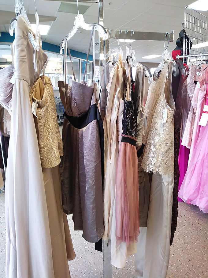 Formal wear that once graced wedding receptions and prom nights hangs in elegant rows, ready for its encore performance at a fraction of original cost.