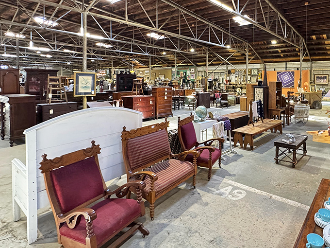 Furniture shopping here is like speed dating with history. That burgundy settee has seen more drama than your favorite soap opera. 