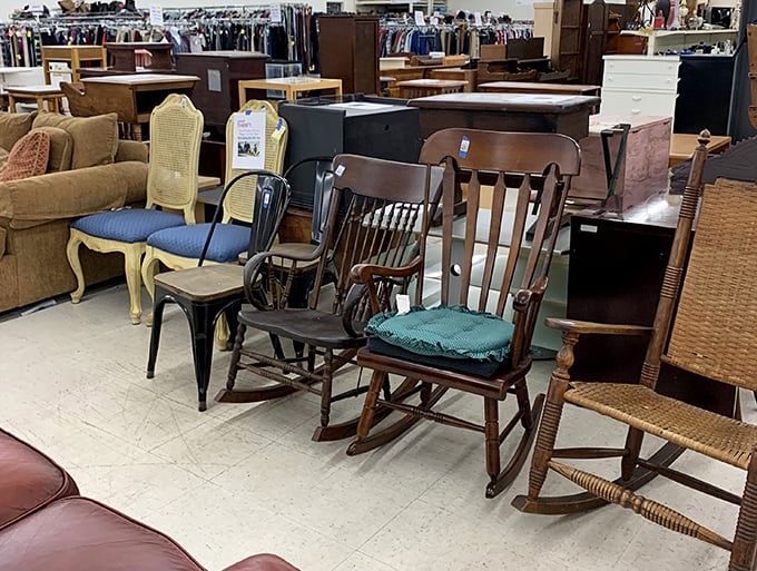 Rocking chairs and vintage seating options stand at attention, each with stories to tell and comfort to offer.