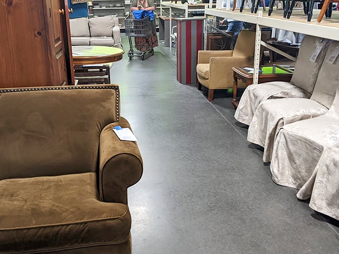 Furniture row: where vintage charm meets modern bargain hunting. That tan armchair has "curl up with a good book" written all over it.