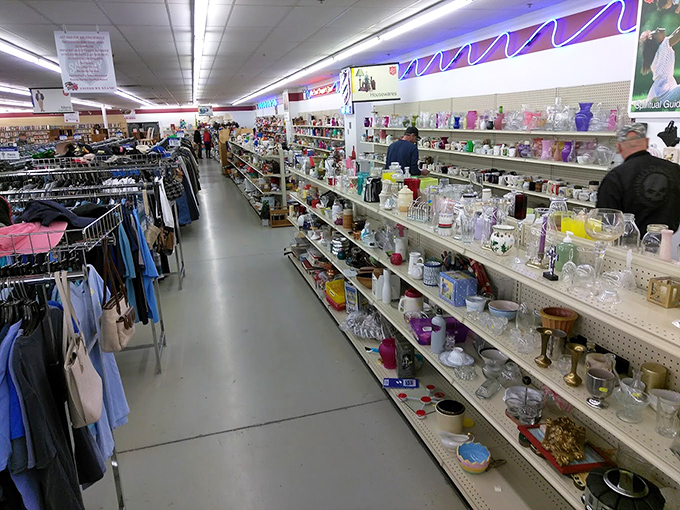 Glassware galore stretches into the horizon, where yesterday's crystal punch bowls and today's practical tumblers create a transparent treasure hunt for kitchen enthusiasts.