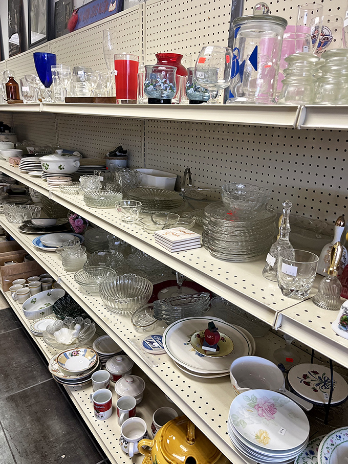 Glassware galore! From Depression glass to yesterday's Pyrex, these shelves hold dinner parties from decades past, ready for your table's future.