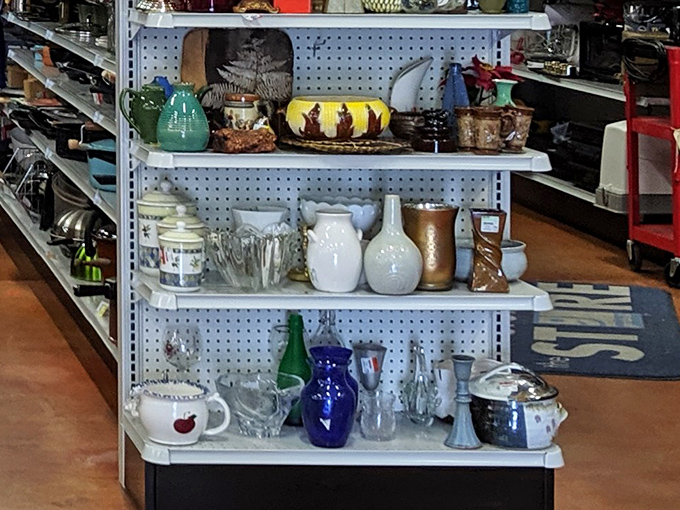 Ceramics, glassware, and vases arranged with surprising elegance. That blue pitcher might be exactly what your dining table has been missing all these years.