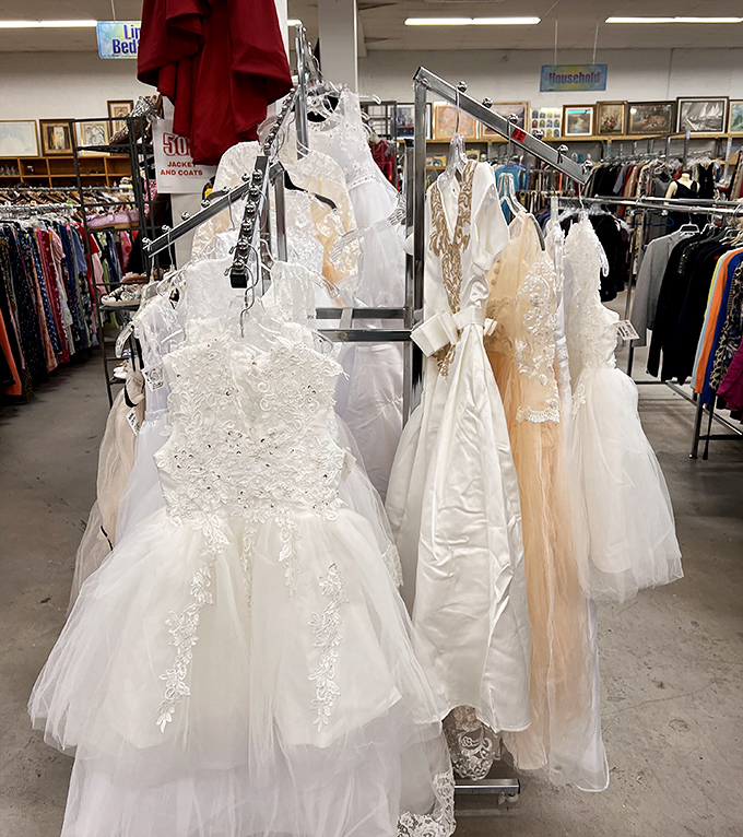Wedding dress row—where "happily ever after" gets a second chance. That beaded gown probably has some reception dance floor stories to tell.