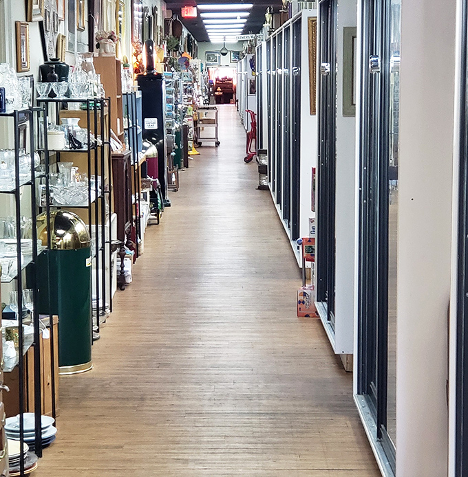 The hallway of possibilities stretches before you, glass cabinets gleaming like treasure chests waiting to be discovered.