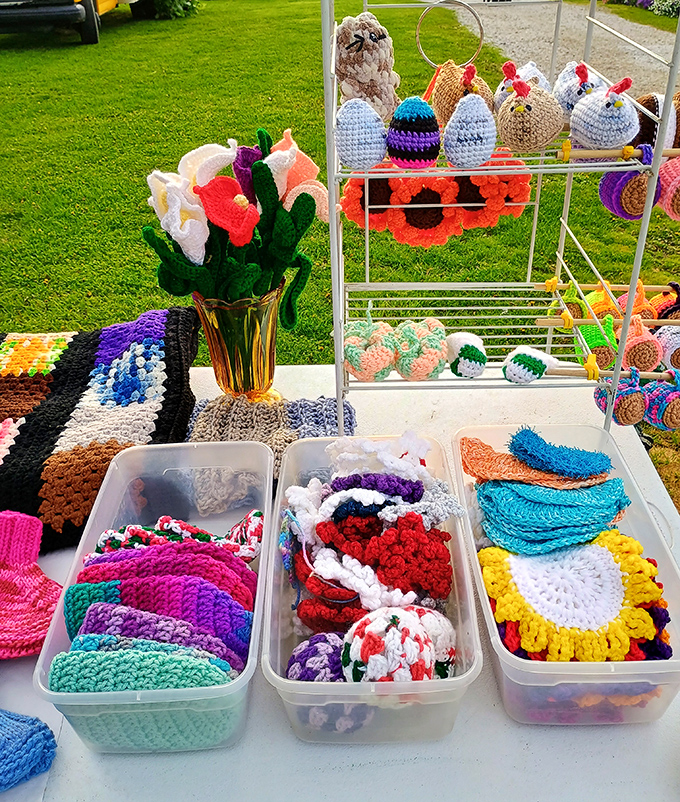 Handcrafted crochet items in every color imaginable. Grandma's skills never go out of style—these aren't just dishcloths, they're love made tangible.
