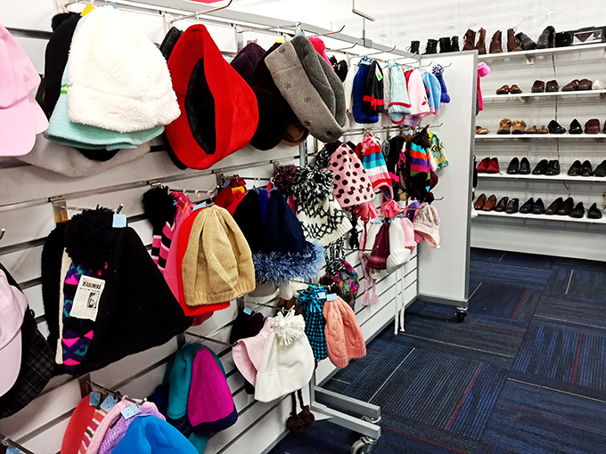 Hat trick! From cozy winter beanies to statement-making fashion pieces, this wall of headwear offers instant personality upgrades for pocket change.