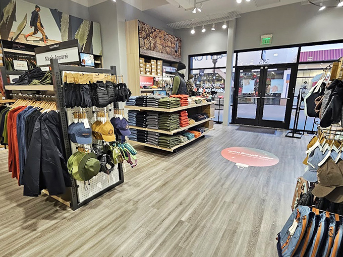 Timberland's meticulously organized displays showcase outdoor gear that makes you suddenly consider taking up hiking, or at least dressing like you might.