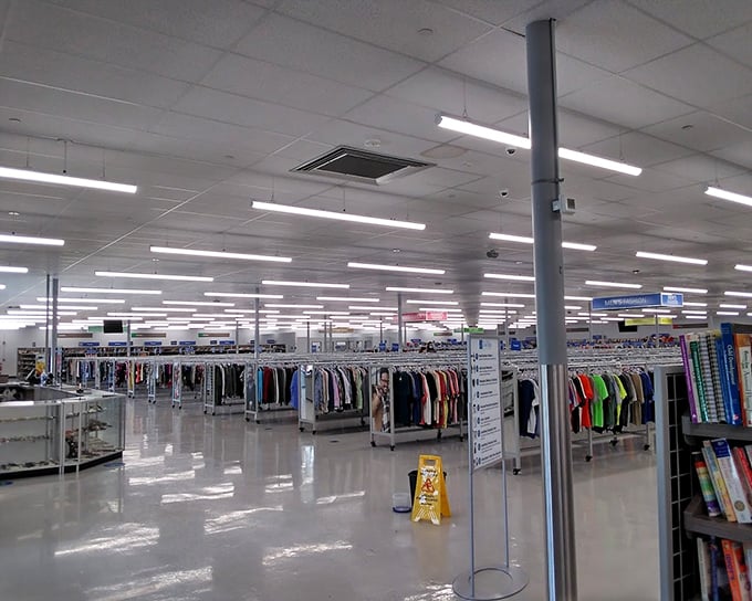Wide aisles and bright lighting transform the thrifting experience from claustrophobic rummaging to leisurely treasure hunting.