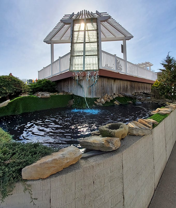 Serenity now! This peaceful pond and gazebo offer shoppers a moment to contemplate their purchases&mdash;or justify just one more.
