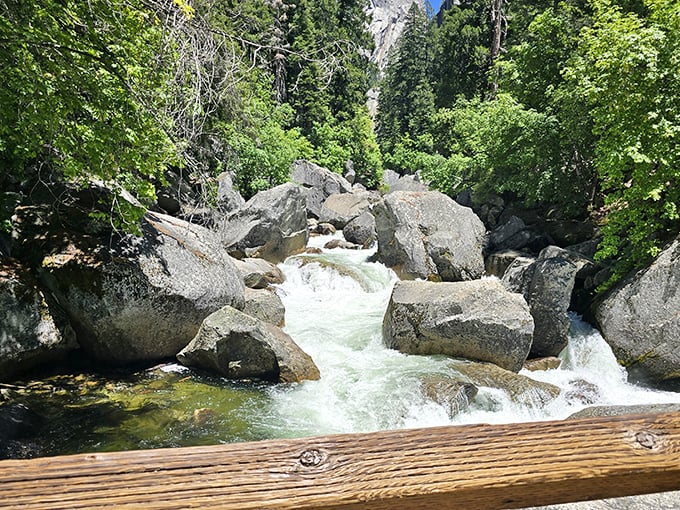 The Merced River doesn't just flow&mdash;it performs, tumbling over boulders sculpted by millennia of water that clearly never skips arm day.