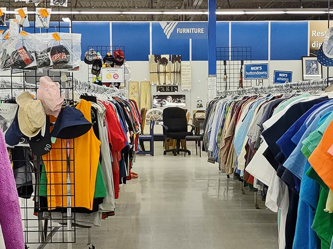 Men's clothing racks stretch endlessly, proving that style doesn't require selling your firstborn to afford a decent wardrobe. 