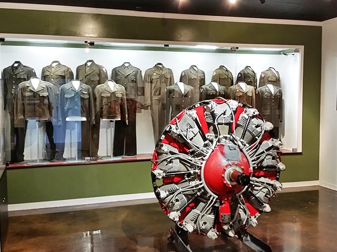 Military uniforms through the decades tell silent stories, while that radial engine looks like the world's most complicated wristwatch.