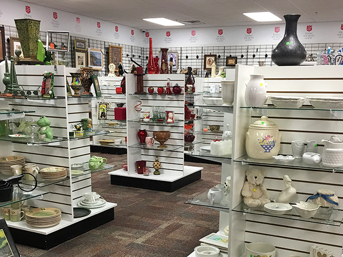 Glass shelves showcase ceramic treasures in every hue, like a museum where everything has both history and an affordable price tag.
