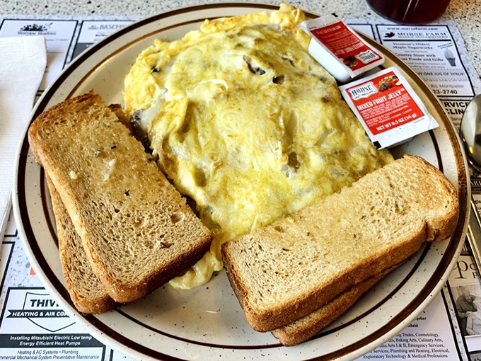 An omelet that knows its purpose in life: to deliver maximum satisfaction with minimum fuss. The toast stands guard like culinary bookends.