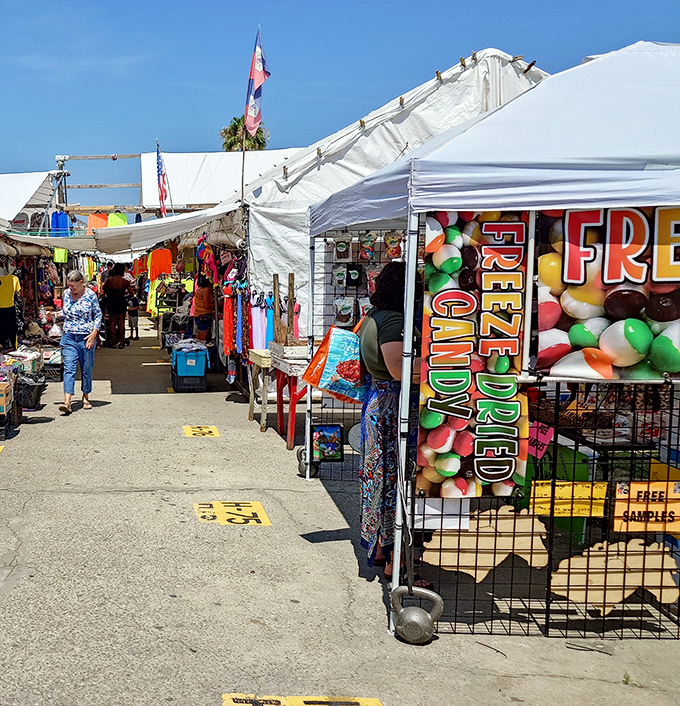Outdoor vendors create a maze of possibilities under the Florida sun, with free candy samples tempting shoppers between bargain hunts.