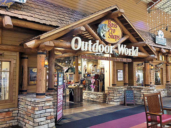 Bass Pro Shops' rustic lodge entrance makes you feel like you should have a fishing license just to walk through the door.