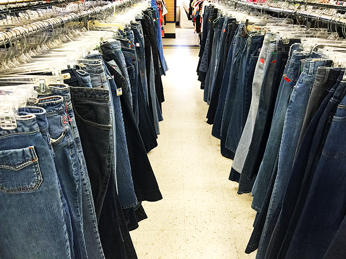 Denim democracy in action&mdash;every style, every size, all hanging together in peaceful coexistence.