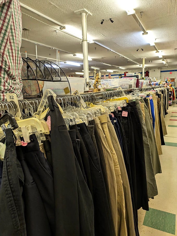 The pants section stretches toward infinity, organized by size and style&mdash;no archaeological expedition required to find your fit.