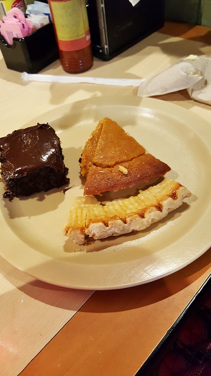 The dessert trinity: chocolate cake, pumpkin pie, and coconut cream&mdash;a holy alliance of sweetness that makes you question why you bothered with vegetables.