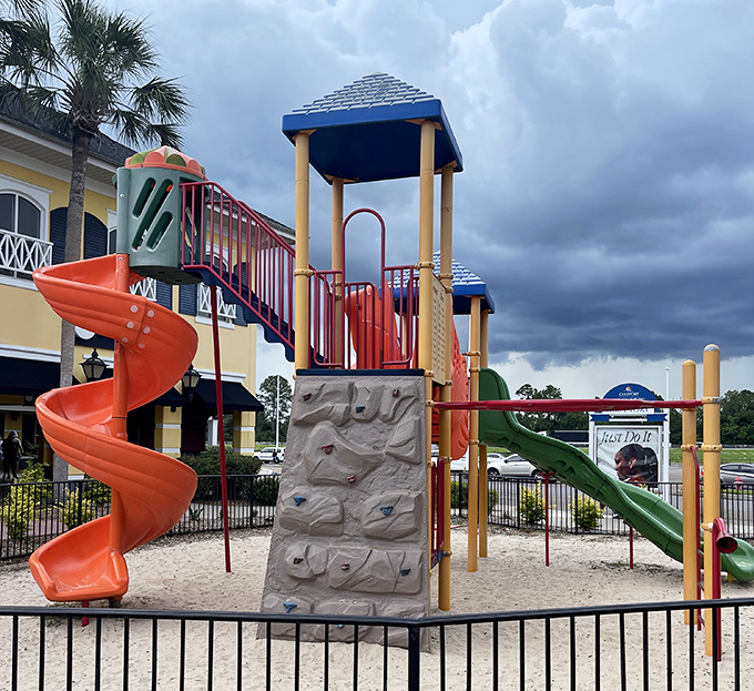 Even bargain hunters need a break! This colorful playground keeps the little ones entertained while parents debate the merits of one more store visit.