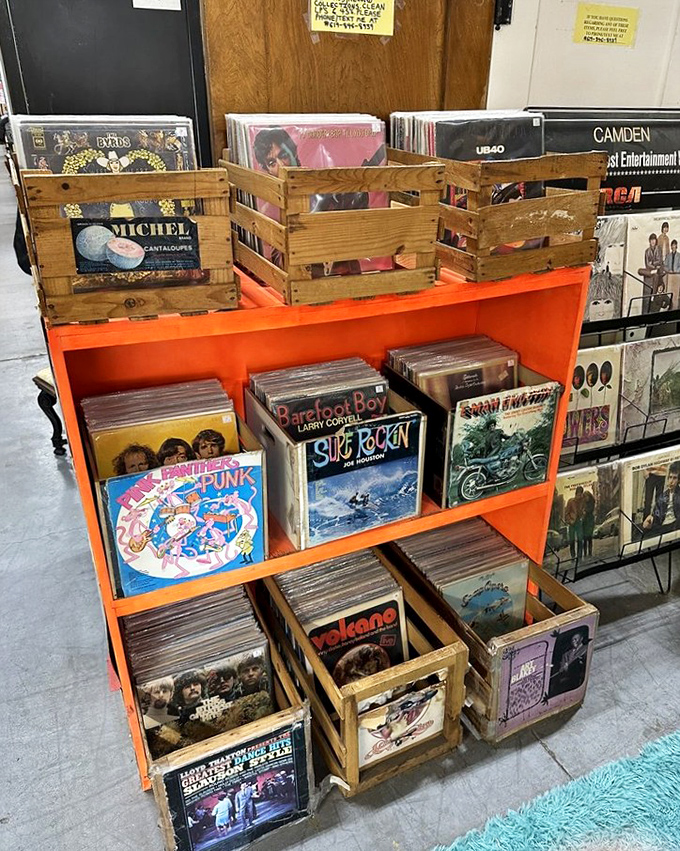 Vinyl treasures organized in wooden crates, because algorithms will never replace the joy of accidental discoveries.