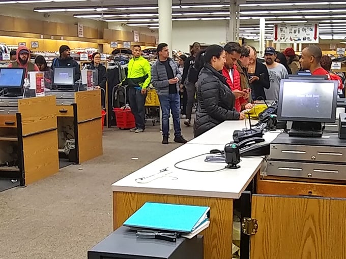 The checkout line: where treasure hunters compare their bounty and cashiers become temporary therapists for shoppers' "should I or shouldn't I" dilemmas.