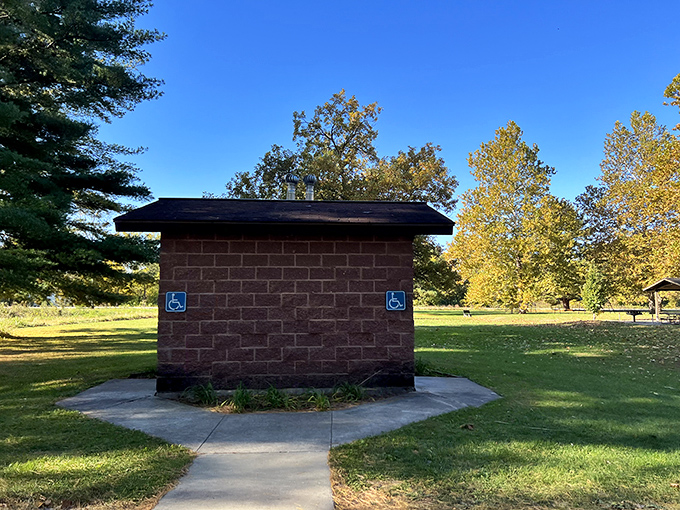 Even the restrooms at Mississippi Palisades blend into the landscape. Practical architecture that doesn't spoil the view you came for.