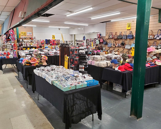 Colorful signs guide shoppers through a marketplace that feels more like a small town than a shopping destination.