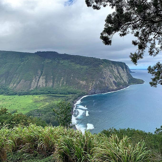 Waianuenue Valley unfolds in layers of green against blue ocean. Hawaii's landscape at its most dramatic&mdash;no filter required.