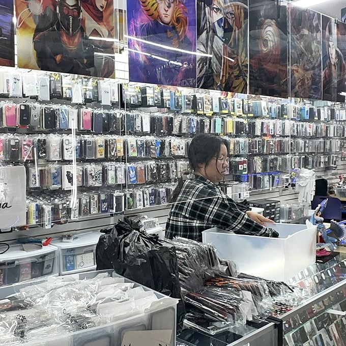 Behind every stall is a story and a shopkeeper with expertise. This vendor's anime-inspired backdrop hints at treasures for collectors and casual fans alike.