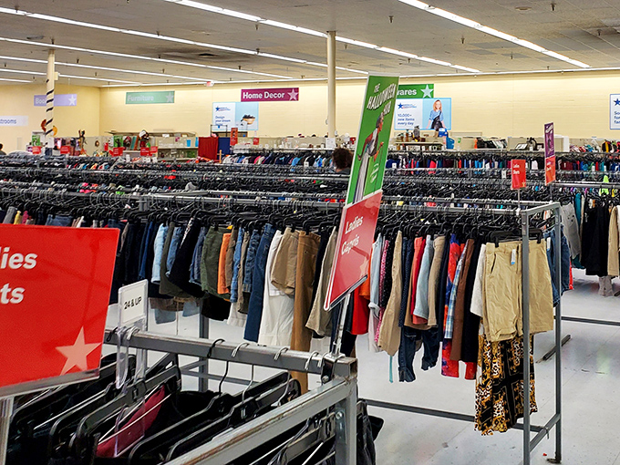 The clothing section resembles a textile library&mdash;organized, abundant, and filled with stories waiting for new chapters. Fashion democracy in action.