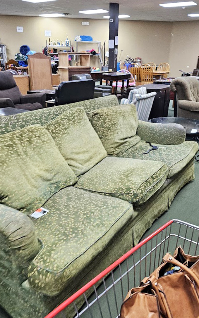 That green sofa has stories to tell&mdash;perhaps it hosted family game nights or witnessed first dates, now ready for its next chapter in your living room.