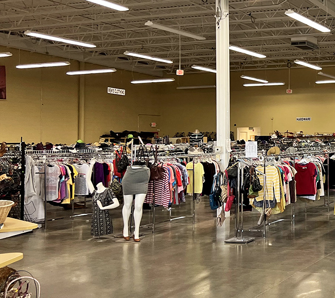 The clothing department rivals department stores in selection, minus the heart-stopping price tags. Rack after rack of possibilities waiting for their second act.