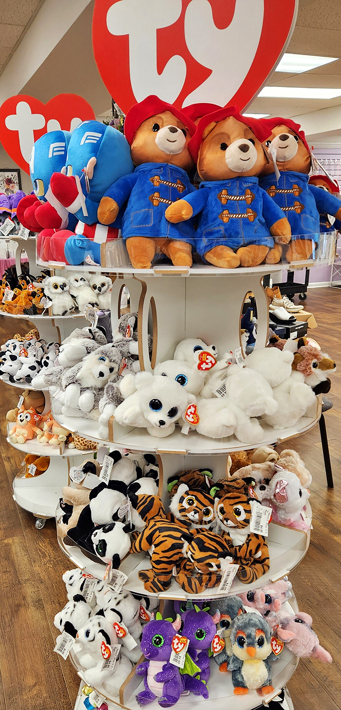 Paddington Bear and friends gather here, proving that stuffed animals never really go out of style.