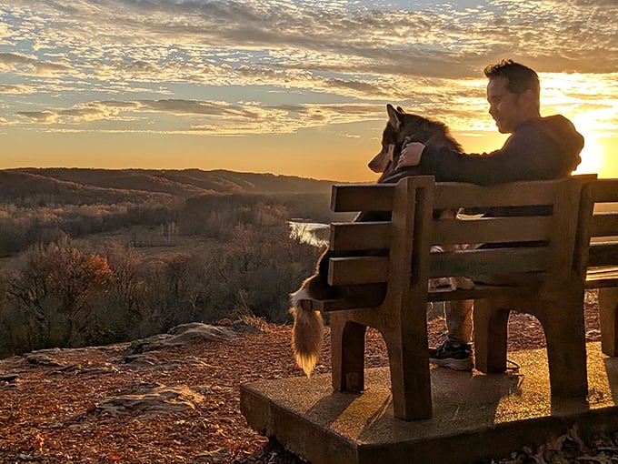 Sunset at Castlewood transforms an ordinary bench into front-row seats at nature's most spectacular light show, best enjoyed with four-legged companions.
