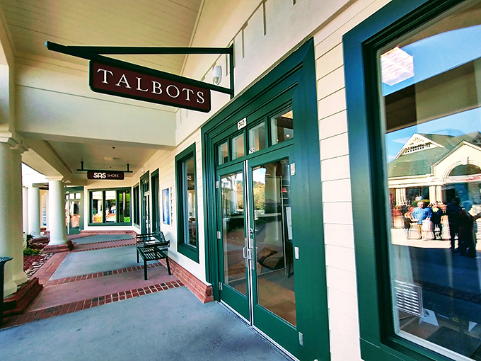 Talbots' classic storefront offers refuge for the fashion-weary. That bench isn't just seating&mdash;it's a strategic resting spot for marathon shoppers.