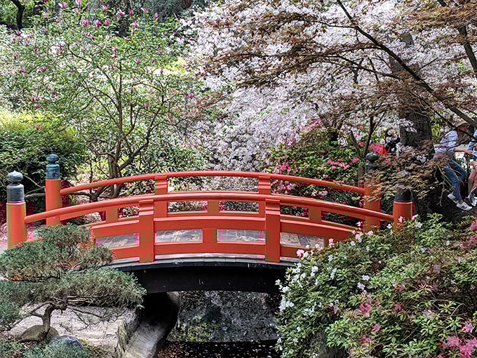 The iconic red bridge at the Japanese Garden provides the perfect photo op for your "I've found inner peace" collection.